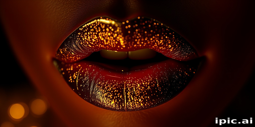 Close-Up of Shimmering Lips with Glittering Gold and Orange Sparkles