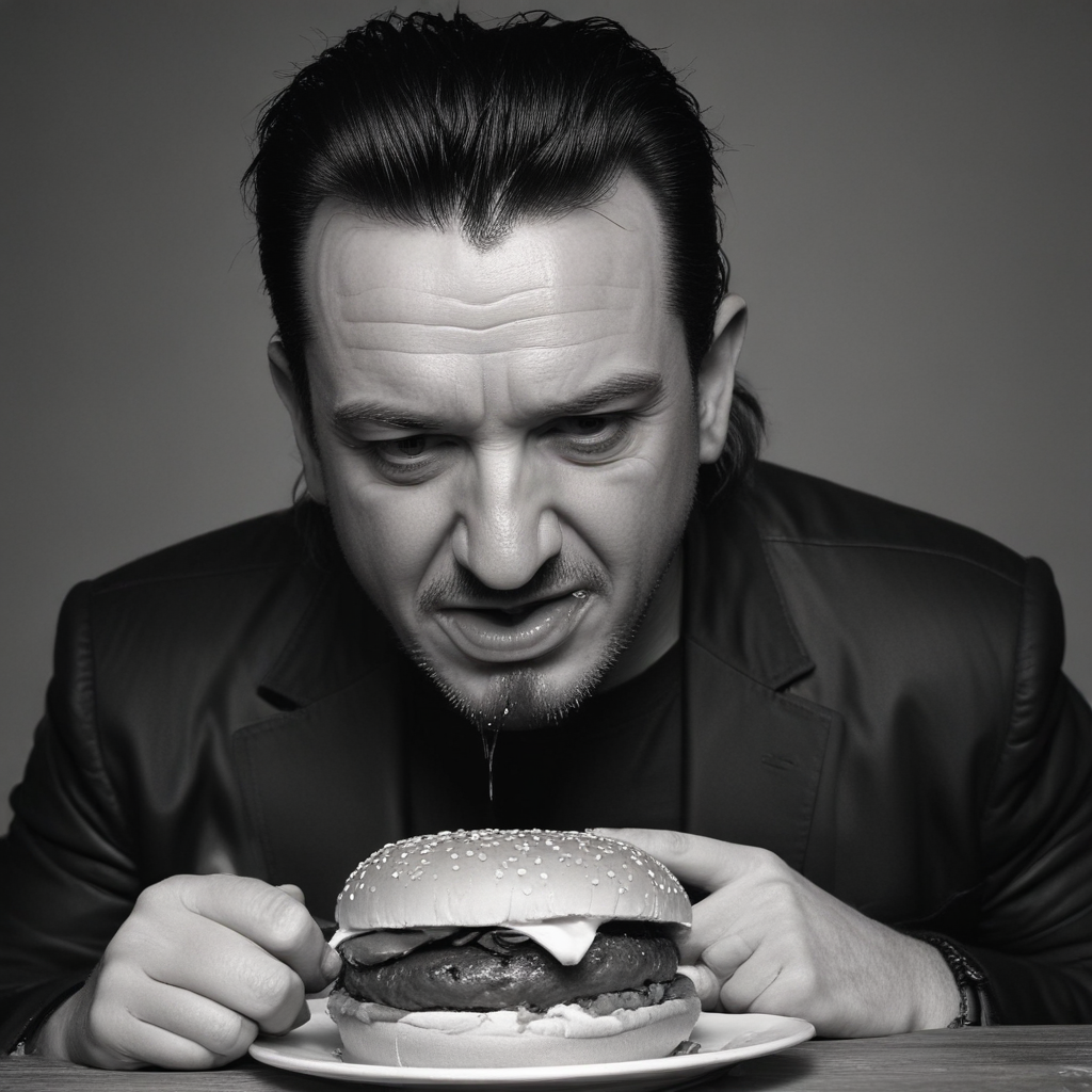 Bono Vox crying eating hamburger black and white