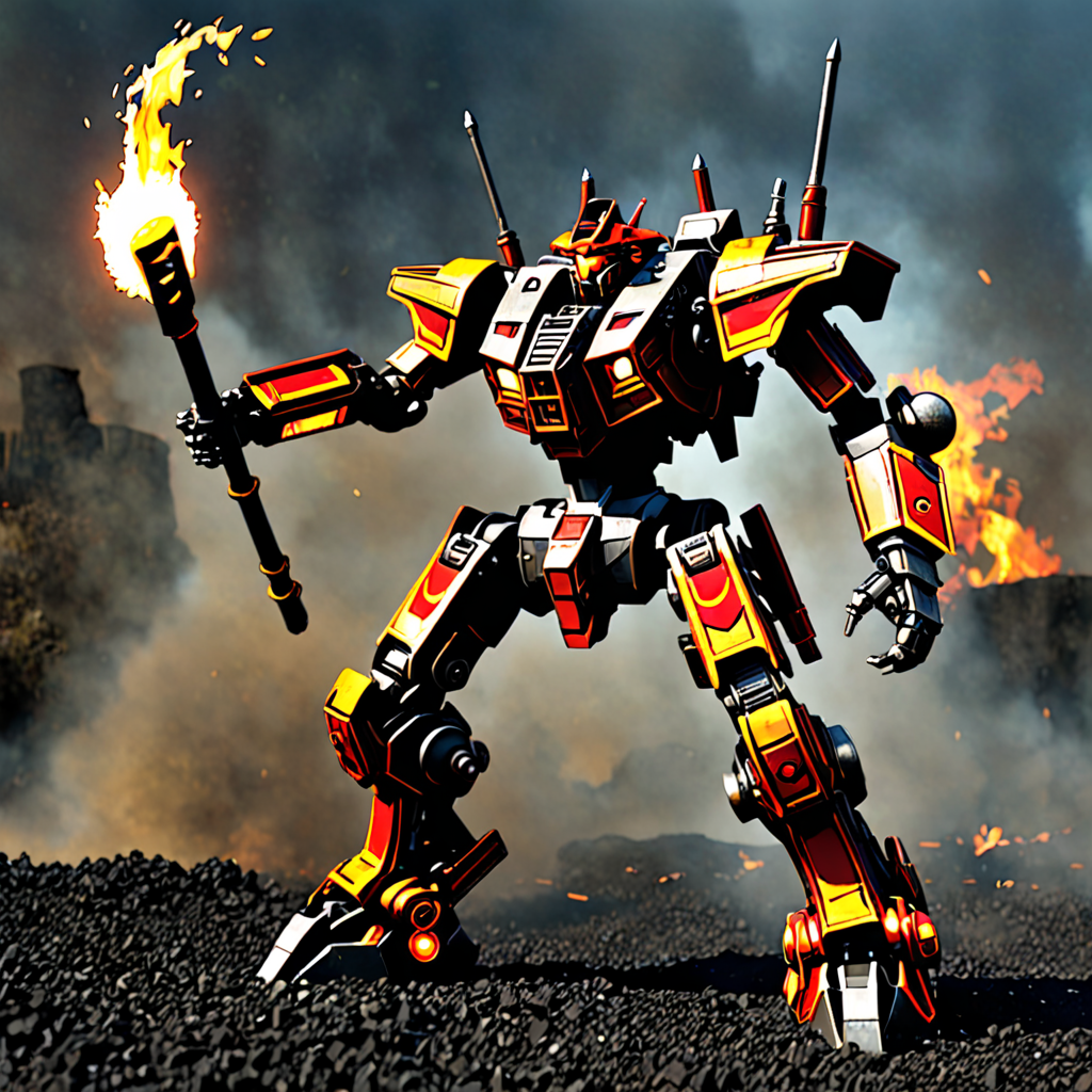 fire mech with a fire sword standing a dark ground