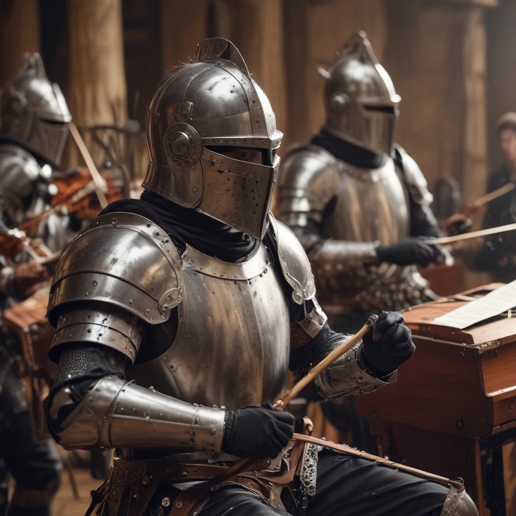 knights in armor playing in a orchestra