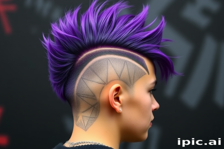 Vibrant Purple Mohawk with Intricate Geometric Patterns on the Sides