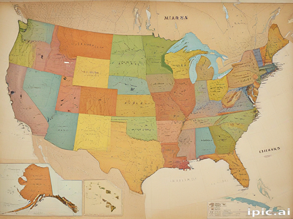Detailed Historical Map of the United States with Colored Regions and ...