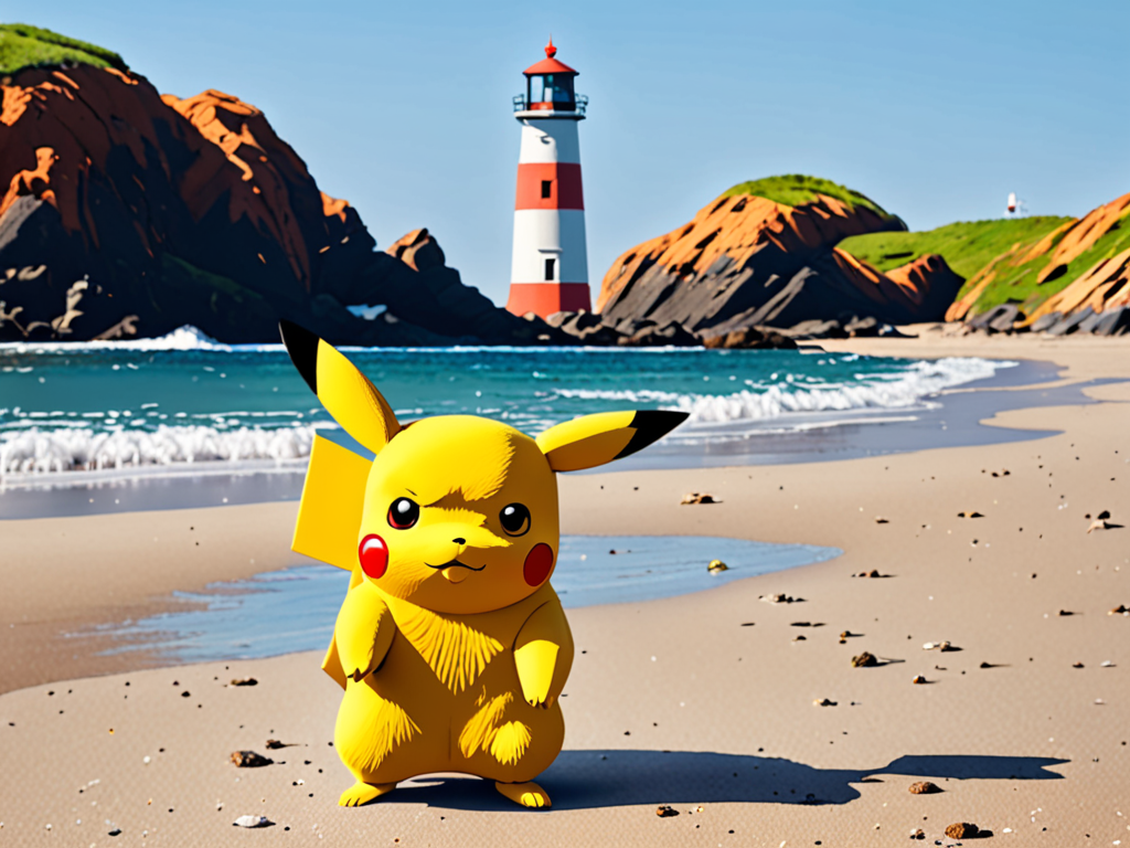 Pikachu walking on a rust game style beach with a lighthouse in the ...