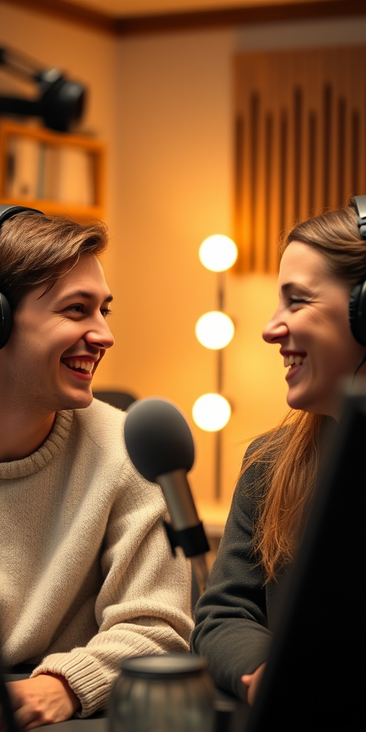 Young Woman Wearing Headphones Smiling While Engaged in a Podcast Recording