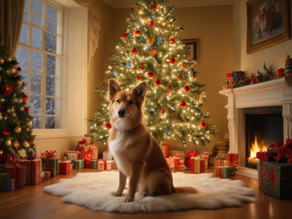 Festive Holiday Scene Featuring a Dog Beside a Beautiful Christmas Tree