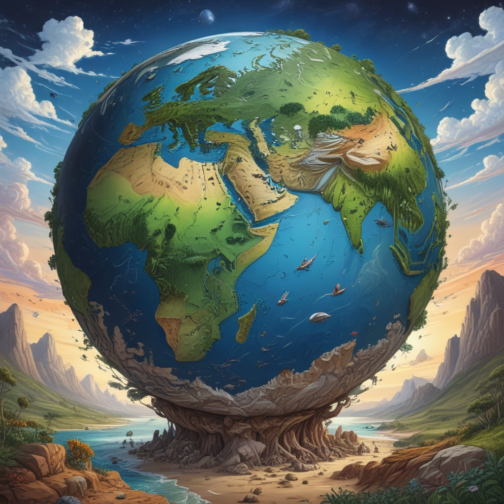 A Vibrant Earth Balanced on Roots, Surrounded by Serene Landscapes and ...
