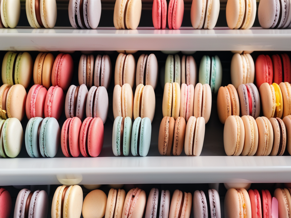 A Colorful Display of Delicious Macarons Arranged Neatly on Shelves.