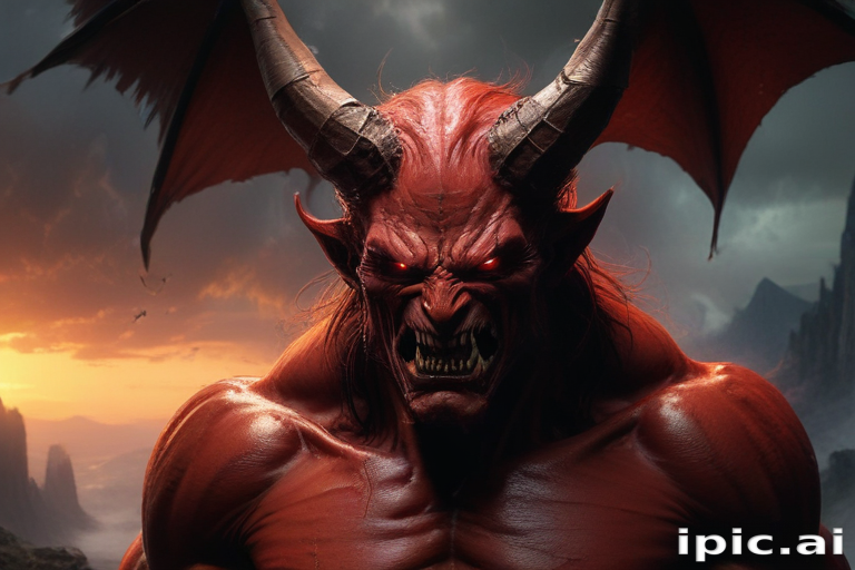 Epic Depiction of a Fierce Red Demon with Majestic Wings and Intense Gaze