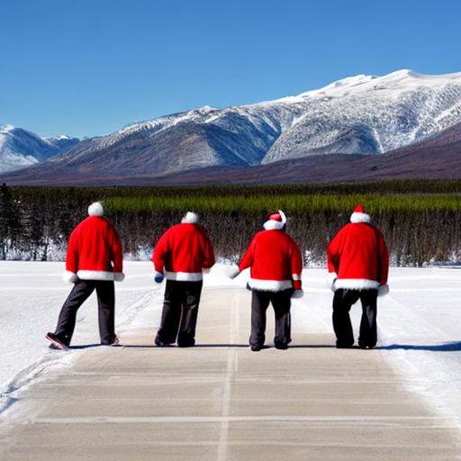 santa exercising with elves and reindeer in north pole