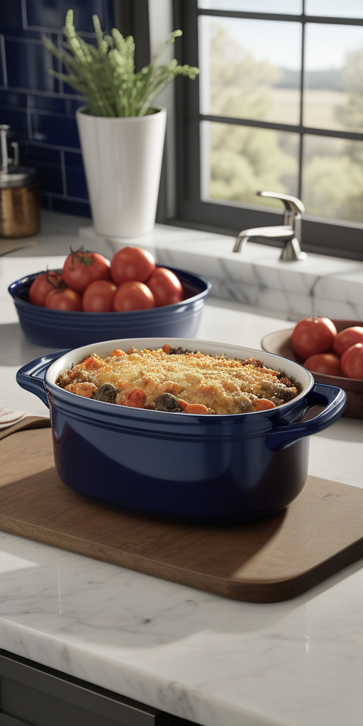 Deliciously Baked Casserole in a Vibrant Blue Dish on Kitchen Counter