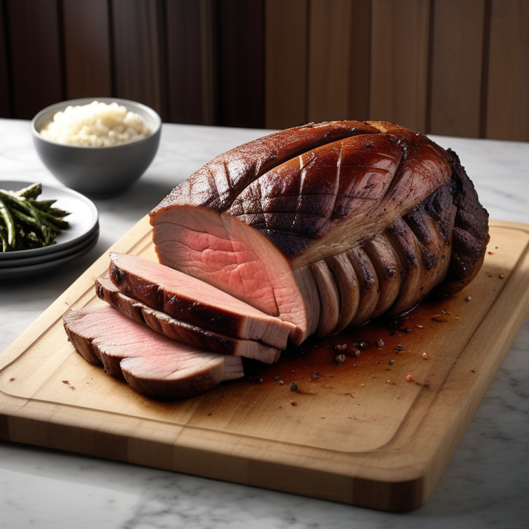 Deliciously Roasted Meat Displayed on a Wooden Cutting Board with Sides