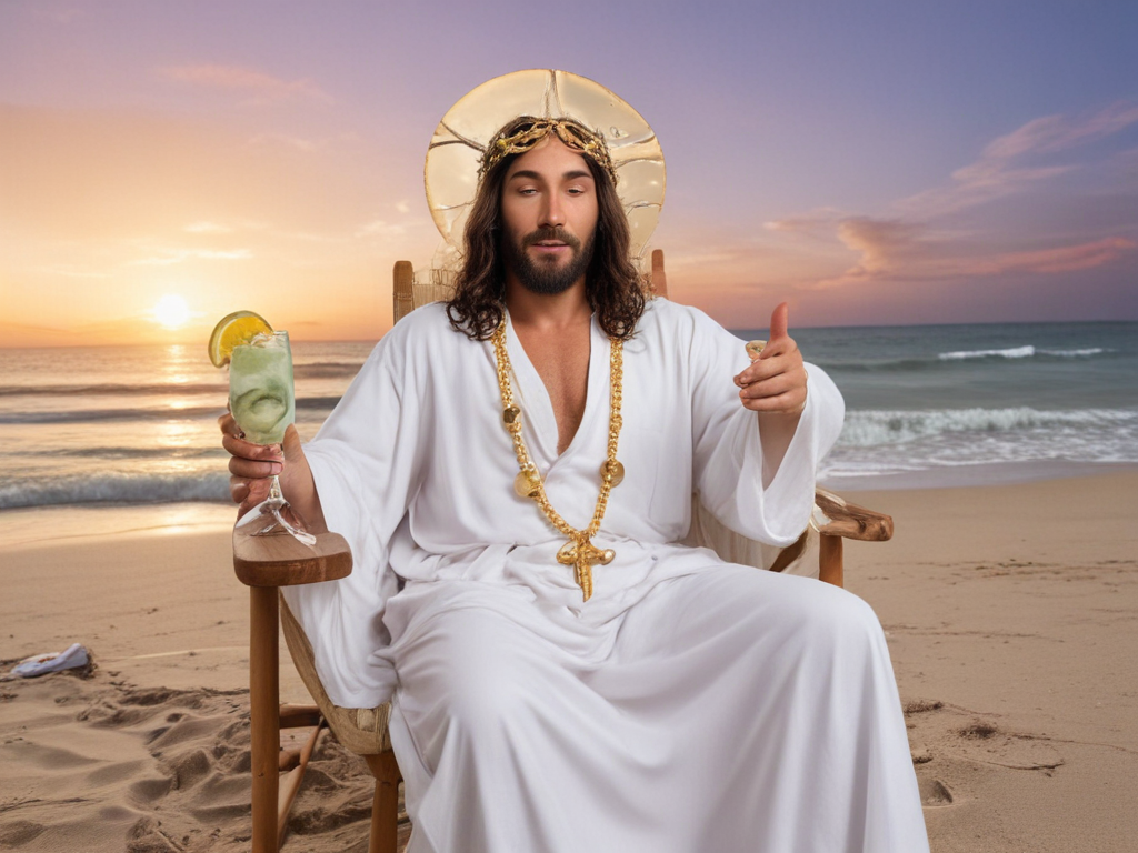 drunk jesus with halo and jesus robe drinking margarita by the beach in ...