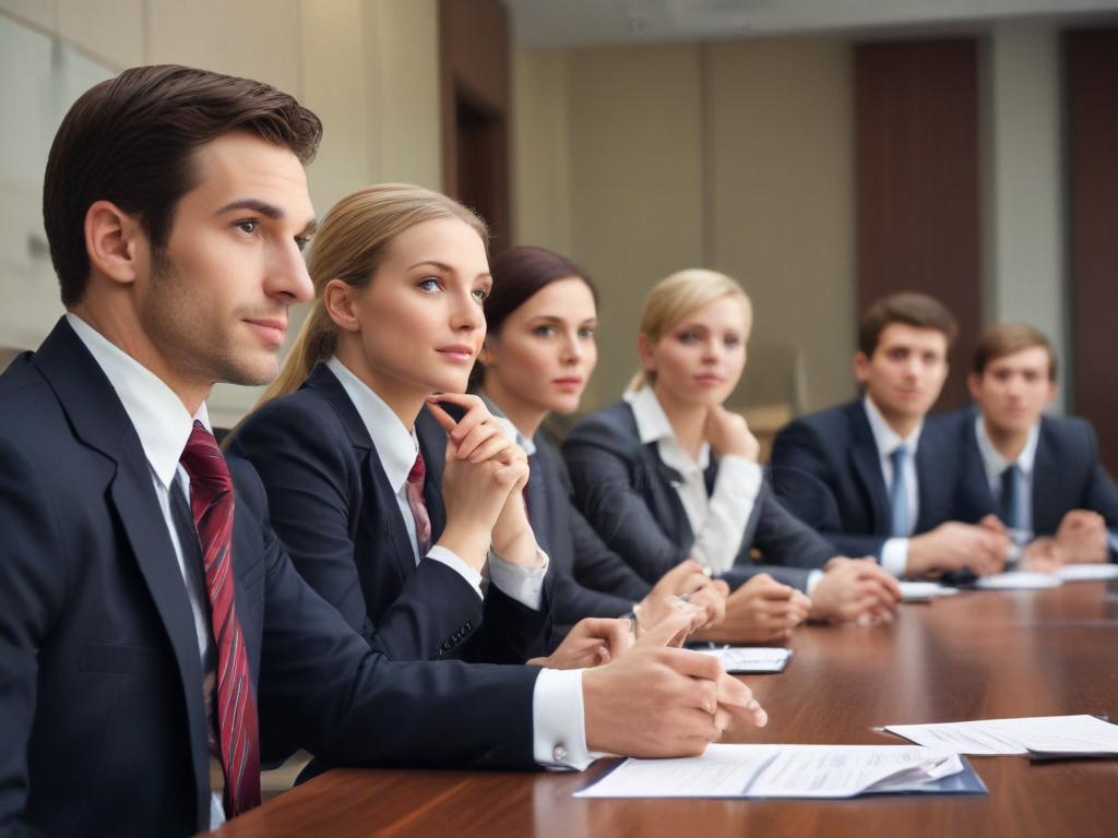 Greedy, sneaky business people conspiring while sitting at a conference ...