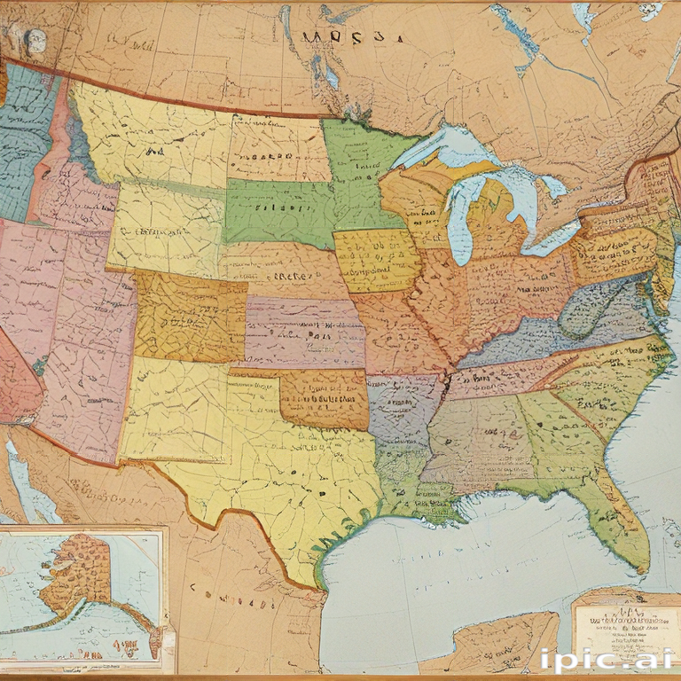 Historical Map of the United States Featuring State Boundaries and ...