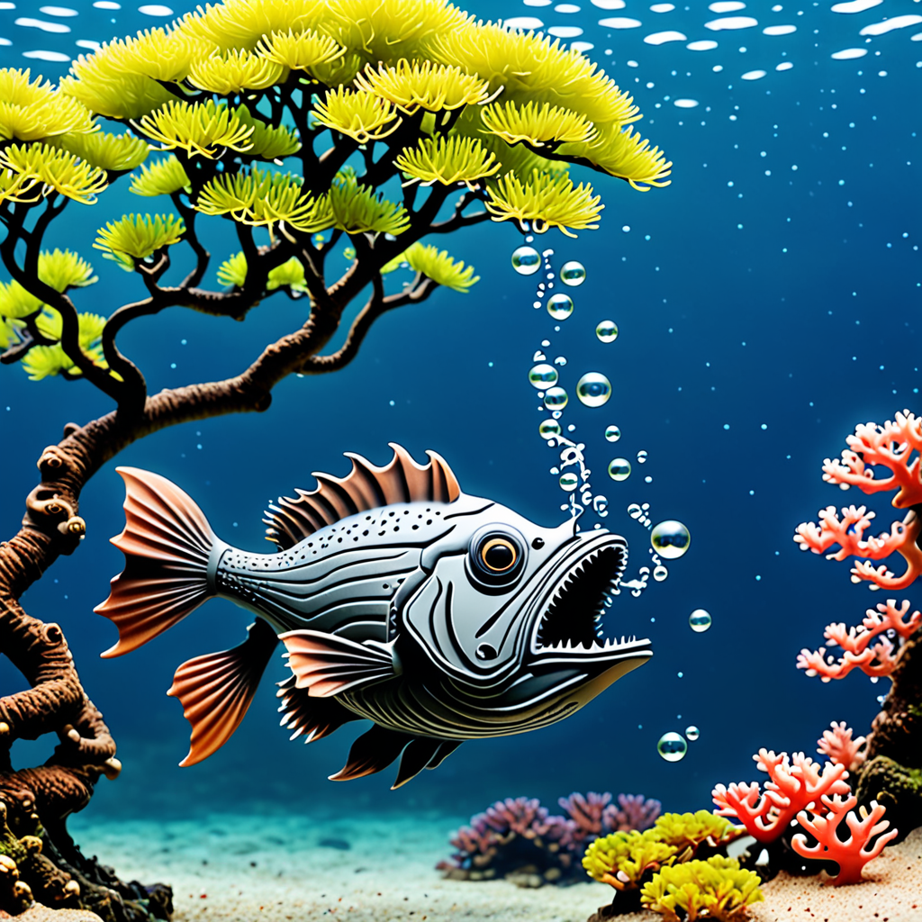 Cartoon angler fish eating a bonsai tree in the depths of the sea