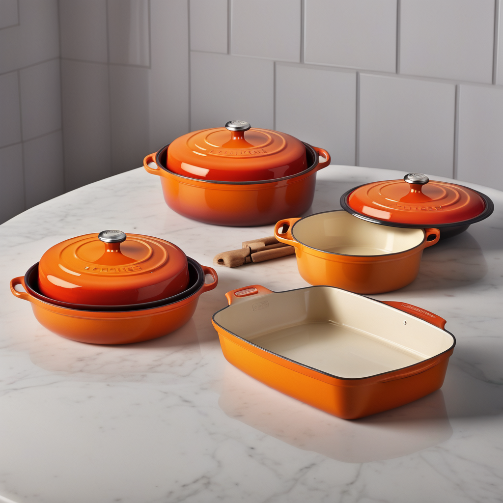 Vibrant Orange Cookware Set Displayed Elegantly on a Marble Kitchen Counter