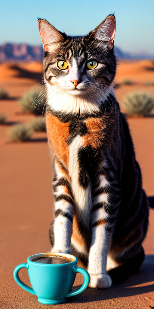 Imagine a cat with one red eye and one black eye sitting in the desert ...