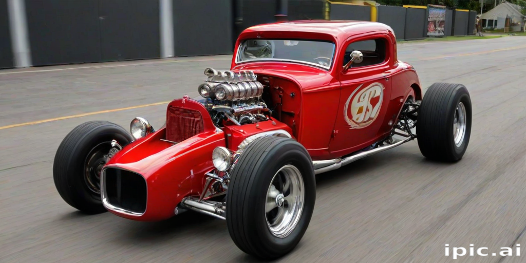 Classic Red Hot Rod with Custom Engine Racing Down a City Street