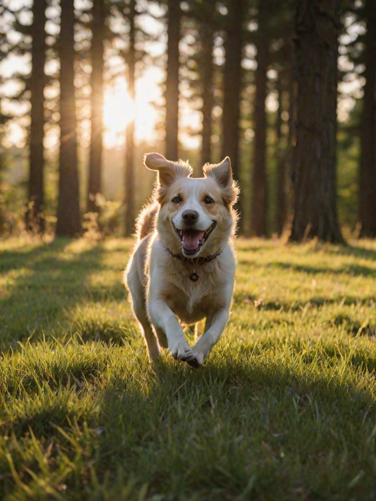 A Joyful Dog Running Through a Sunlit Forest at Sunset.