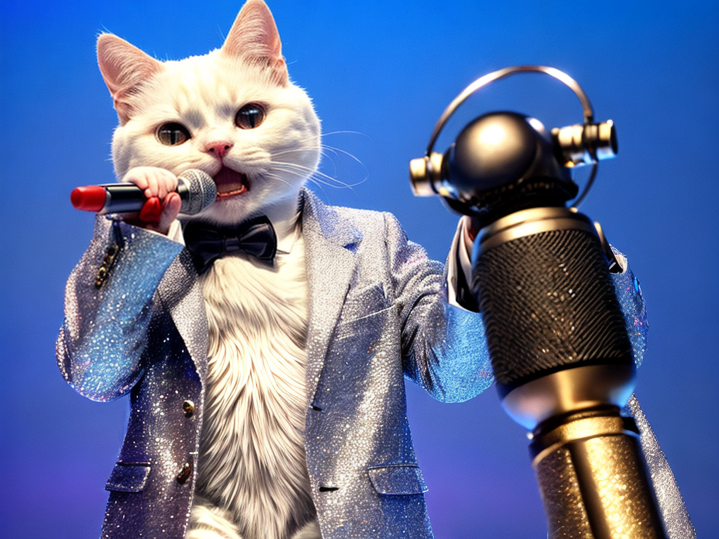 white cat in a shiny jacket singing into a microphone on a stage