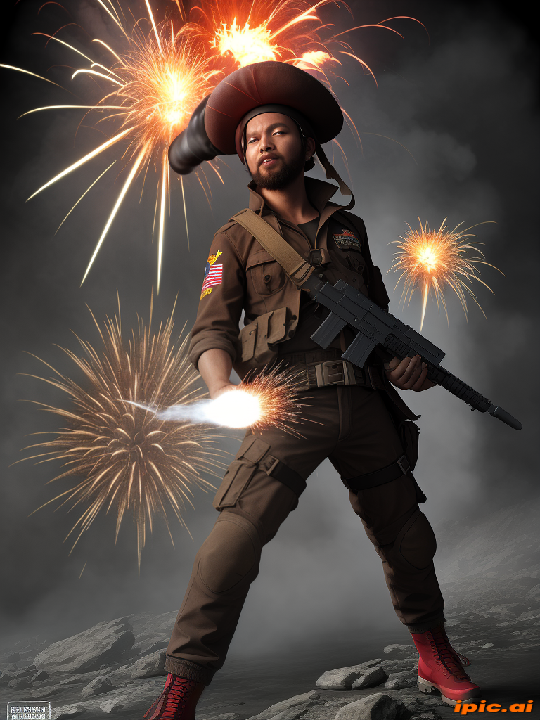 Heroic Soldier in Military Gear Celebrating with Fireworks and Excitement