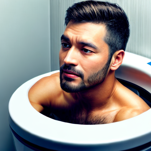 man head inside toilet sticking out