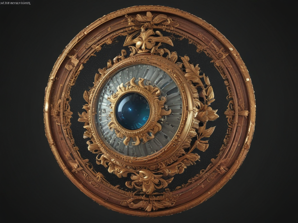 Ornate Decorative Shield Featuring Intricate Floral Patterns and a Blue Gem