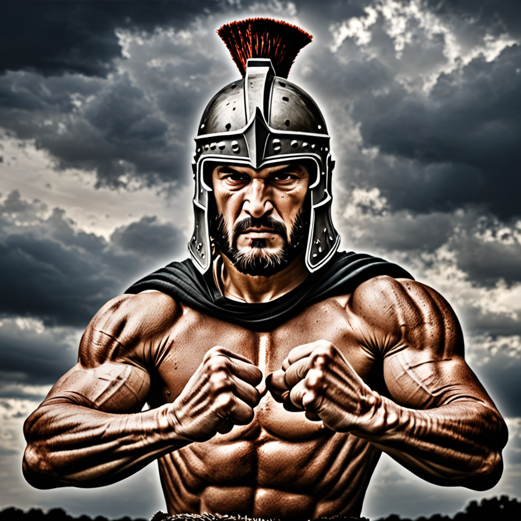 realistic portrait of an ancient Spartan Warrior showing his fists