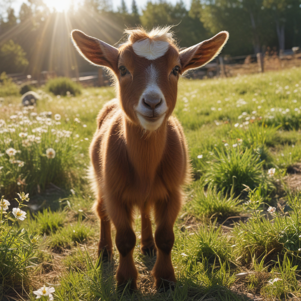 Brown baby goat spring flower field sunlight contrast lens flare