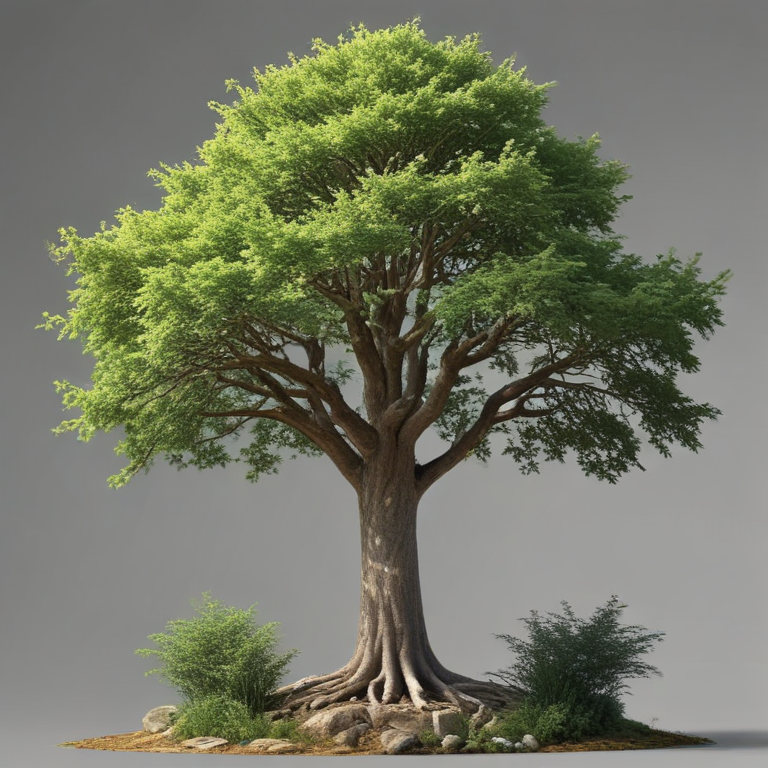 Majestic Tree with Lush Green Leaves Surrounded by Rocks and Shrubs.