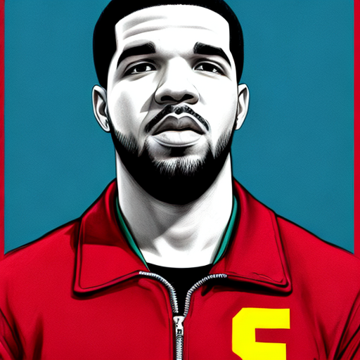 soviet propaganda poster with rapper drake, drawn in red yellow and white