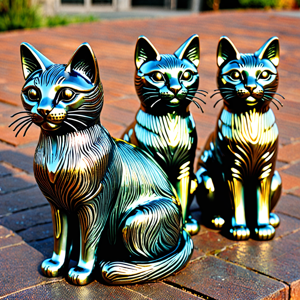 3 metallic cat statues