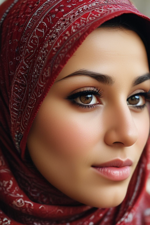 Portrait of a Woman with Beautiful Brown Eyes and Elegant Red Hijab