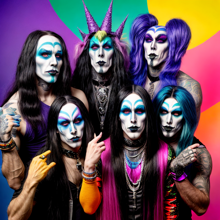 A black metal band conformed by colorful happy drag queens