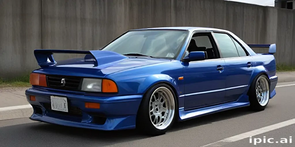 Sleek Blue Sports Car with Custom Body Kit and Racing Spoilers.