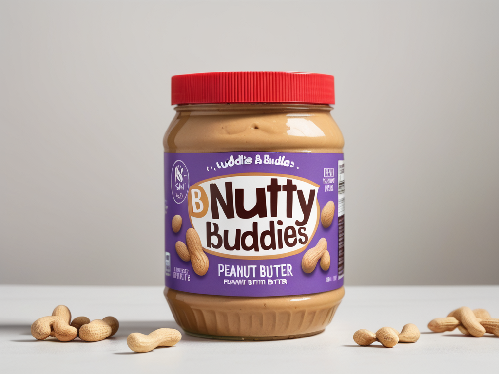 Delicious Nutty Buddies Peanut Butter Jar Surrounded by Tasty Peanuts