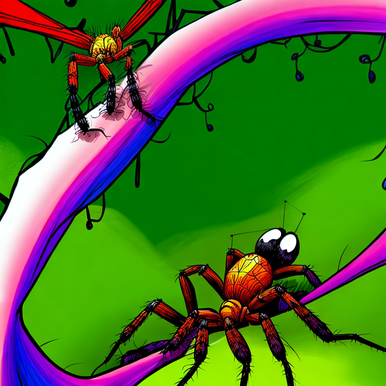 colorful spider crawling up a lush tree, cartoon style