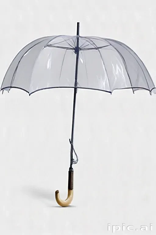 A Transparent Umbrella with a Stylish Wooden Handle for Rainy Days.