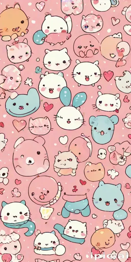 Colorful and Cute Cartoon Animals on a Pink Background with Hearts