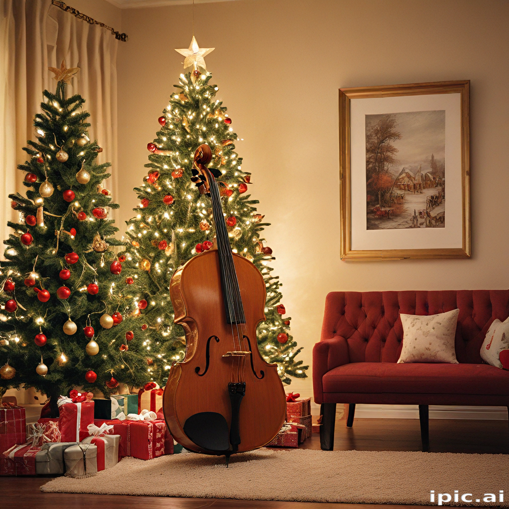 Cozy Holiday Scene with a Cello and Beautifully Decorated Christmas Trees