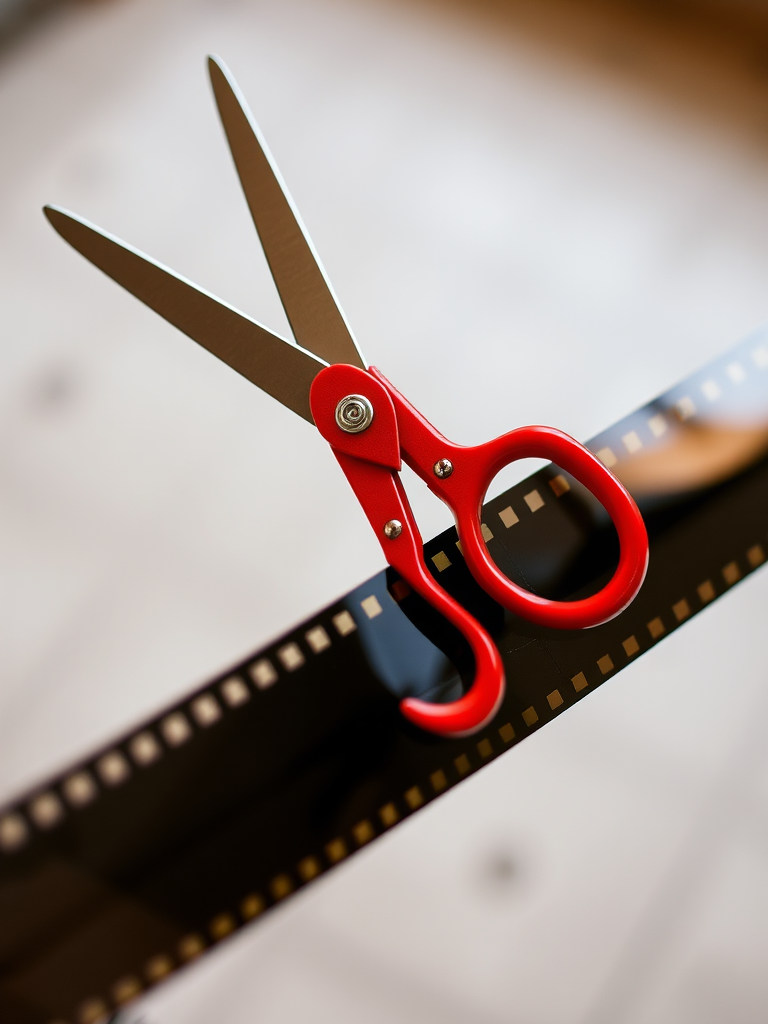 Red Scissors Cutting Through a Strip of Black Film Reel