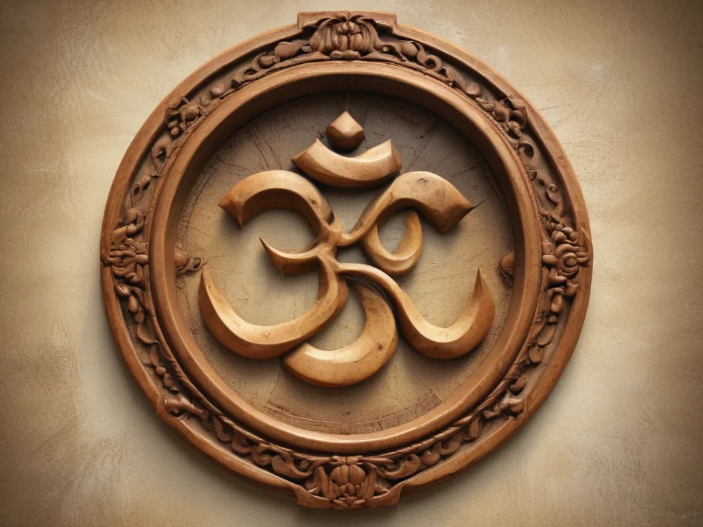 Intricate Wooden Carving of the Om Symbol Surrounded by Decorative Frame.