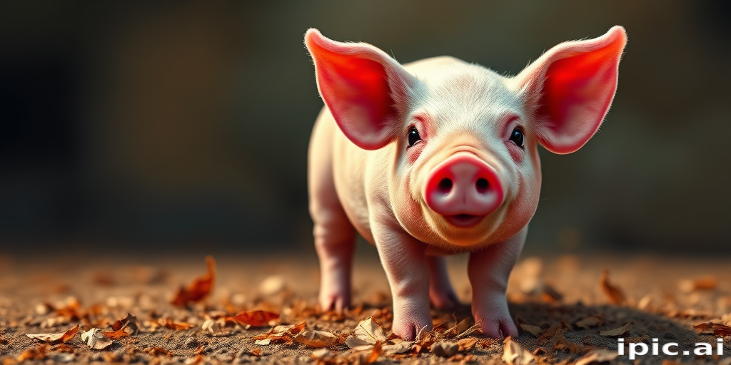 A Playful Piglet Standing Among Autumn Leaves in a Sunny Setting