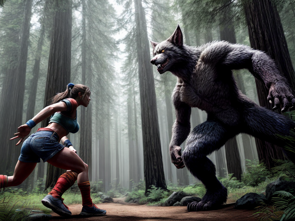 A female warrior fighting a werewolf in a redwood forest