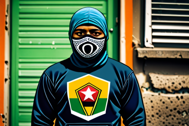 cartoon of a guy in a balaclava and brazilian shirt in a favela