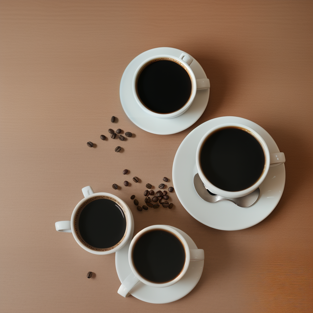 Four Elegant Coffee Cups Arranged Beautifully with Coffee Beans Nearby