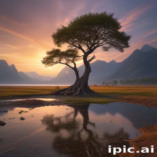 Serene Landscape: Majestic Tree Reflecting in Calm Water at Sunset