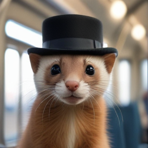 A weasel in a hat on a train