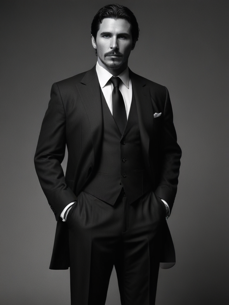 Christian bale in suit, full body, noir style