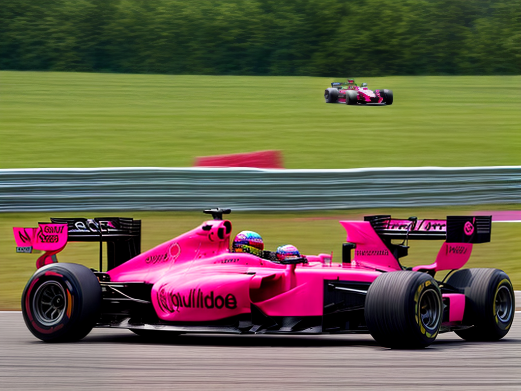 Pink formula 1 racecar that is being chased by a t-rex dinosaur.